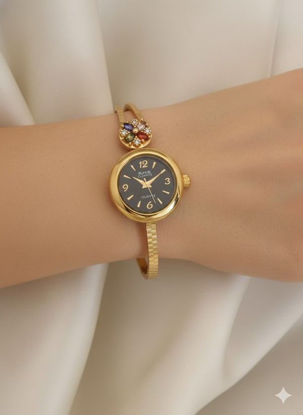 Gold Plated Ad Dimaond Studed Fancy Adjustable Black Watch – Kalyani ...