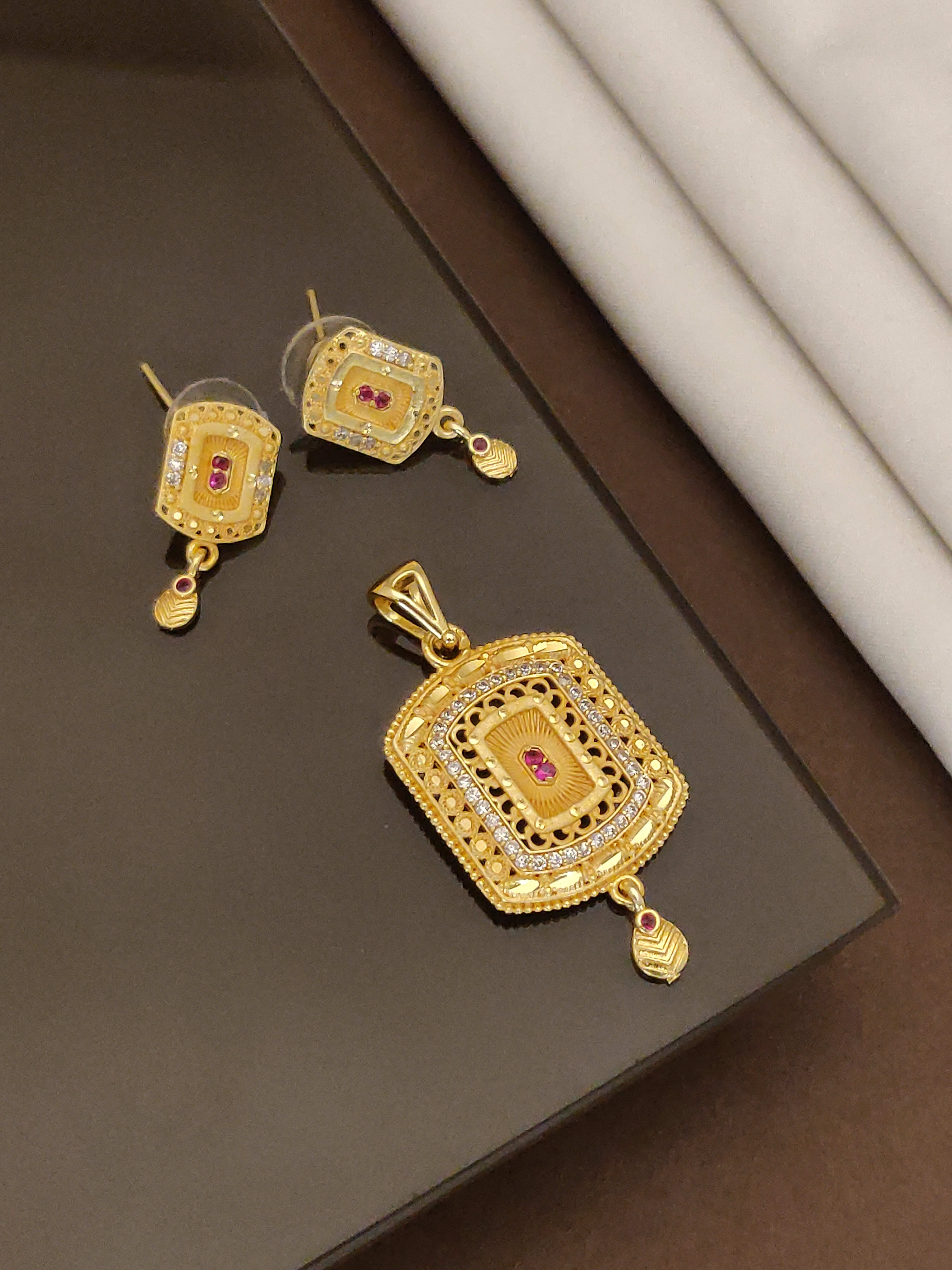 Micro Gold Plated Ad Diamond Studded Fancy Square Pendant With Earring ...